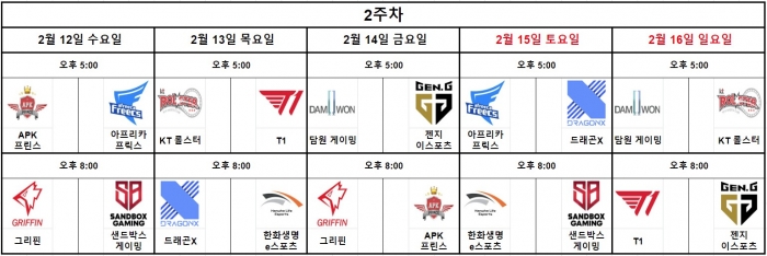 LCK2주차 일정 : 리그오브레전드 - 헝그리앱